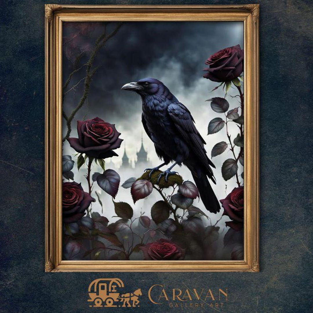 Gothic Raven Crow & Roses Printable wall art- Dark Academia, Victorian ...