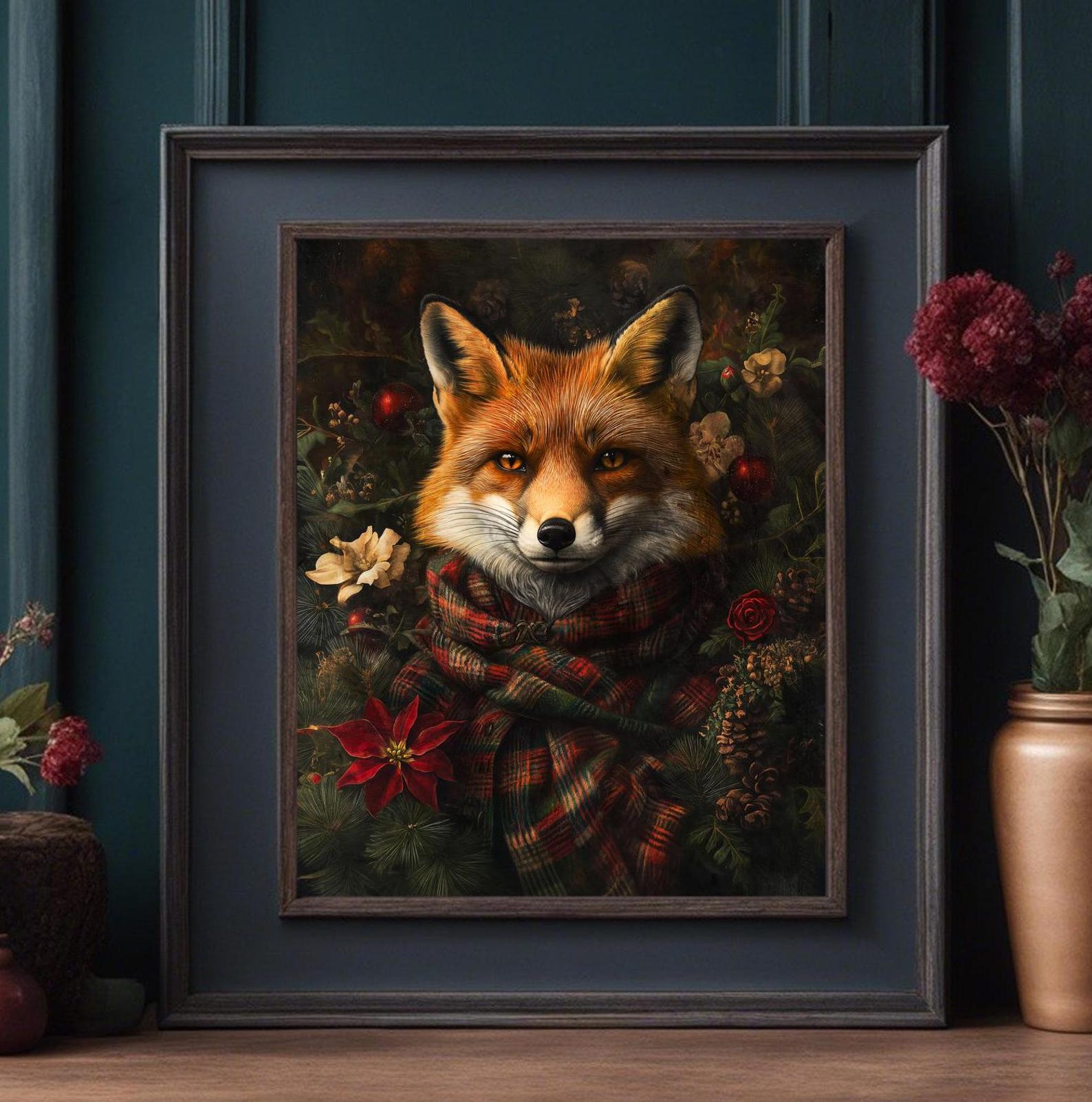 Victorian Scottish Fox With Christmas Florals Art Print, Funny ...