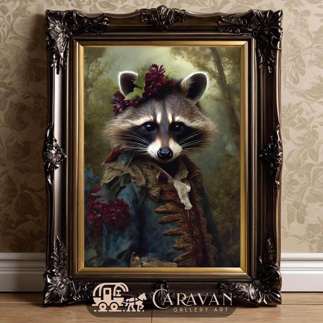 Victorian Raccoon Dark Academia Decor, Moody Floral Wall Art, Oil ...