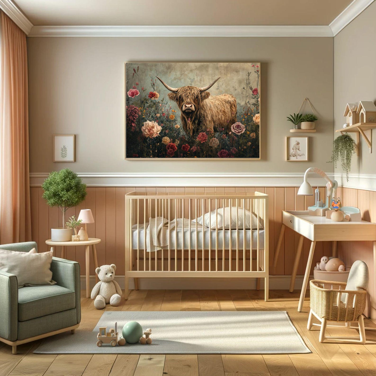 Moody Highland Cow Floral Dark Cottage Core Print for Rustic Decor ...