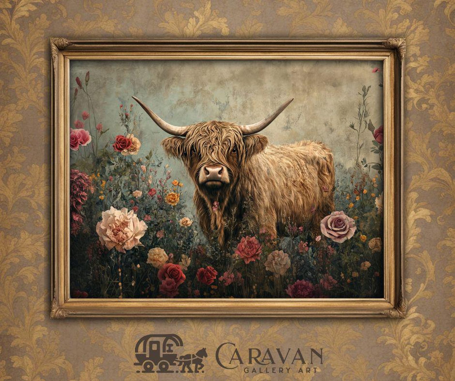 Moody Highland Cow Floral Dark Cottage Core Print for Rustic Decor ...