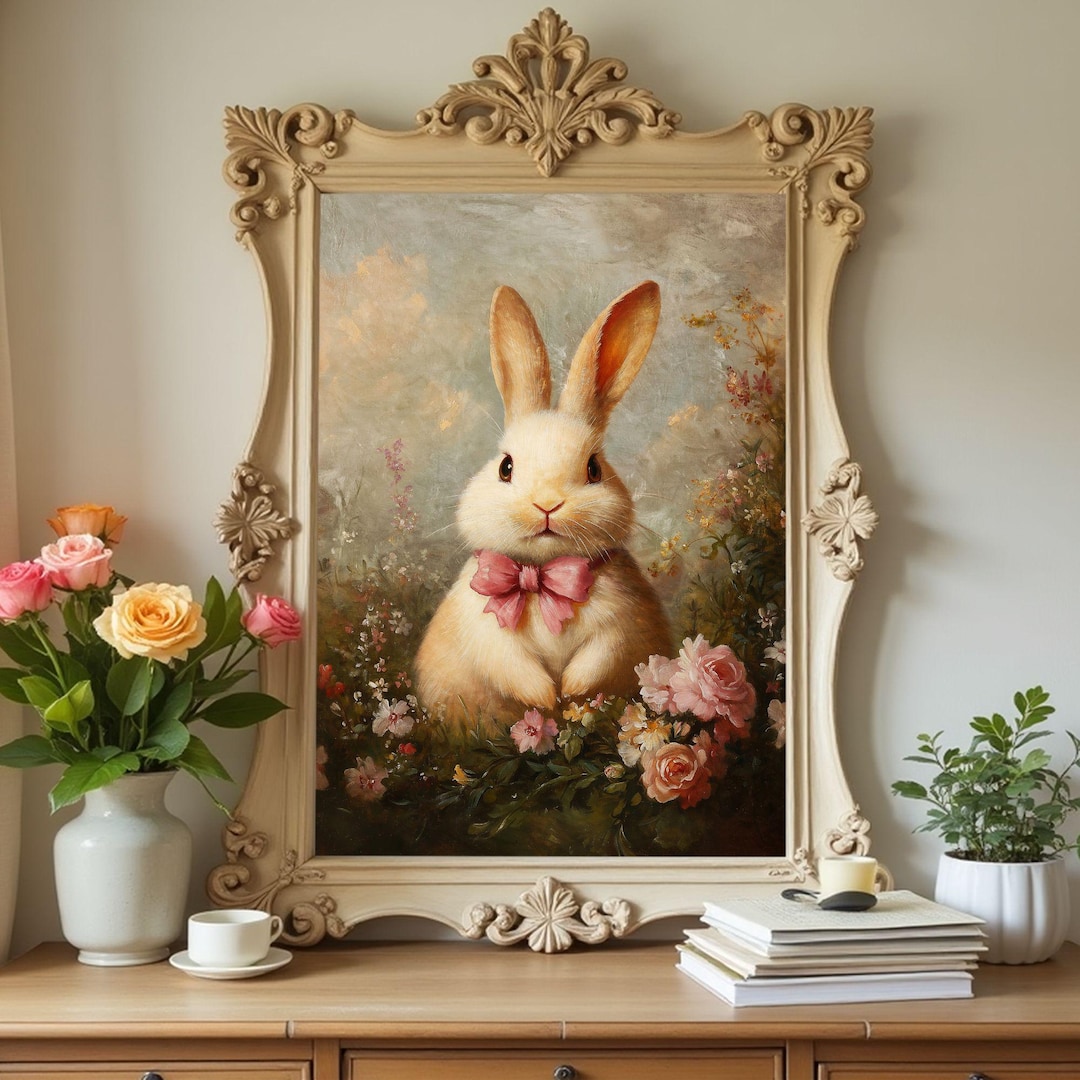 Vintage Easter Bunny Rabbit & Florals Printable Wall Art- Pink ...