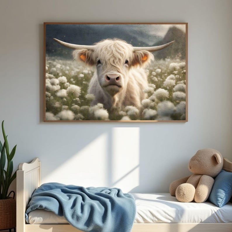 White Highland Cow in Wildflower Field Printable Wall Art- Rustic ...