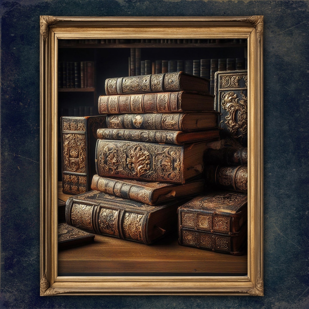 Stack of Antique Books Wall Art Print, Printable Victorian Gothic Dark ...