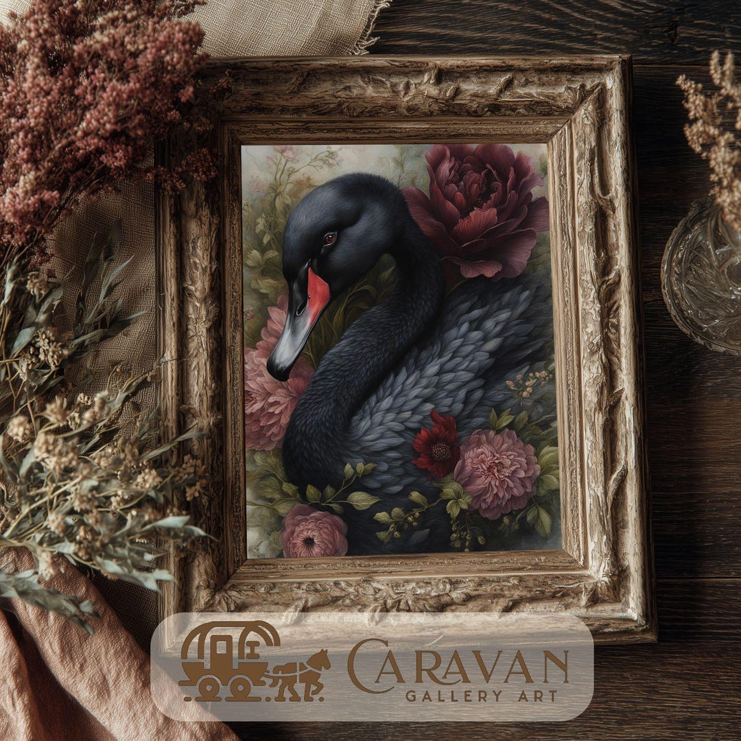 Gothic Black Swan & Roses Printable Wall Art- Dark Academia, Vintage ...