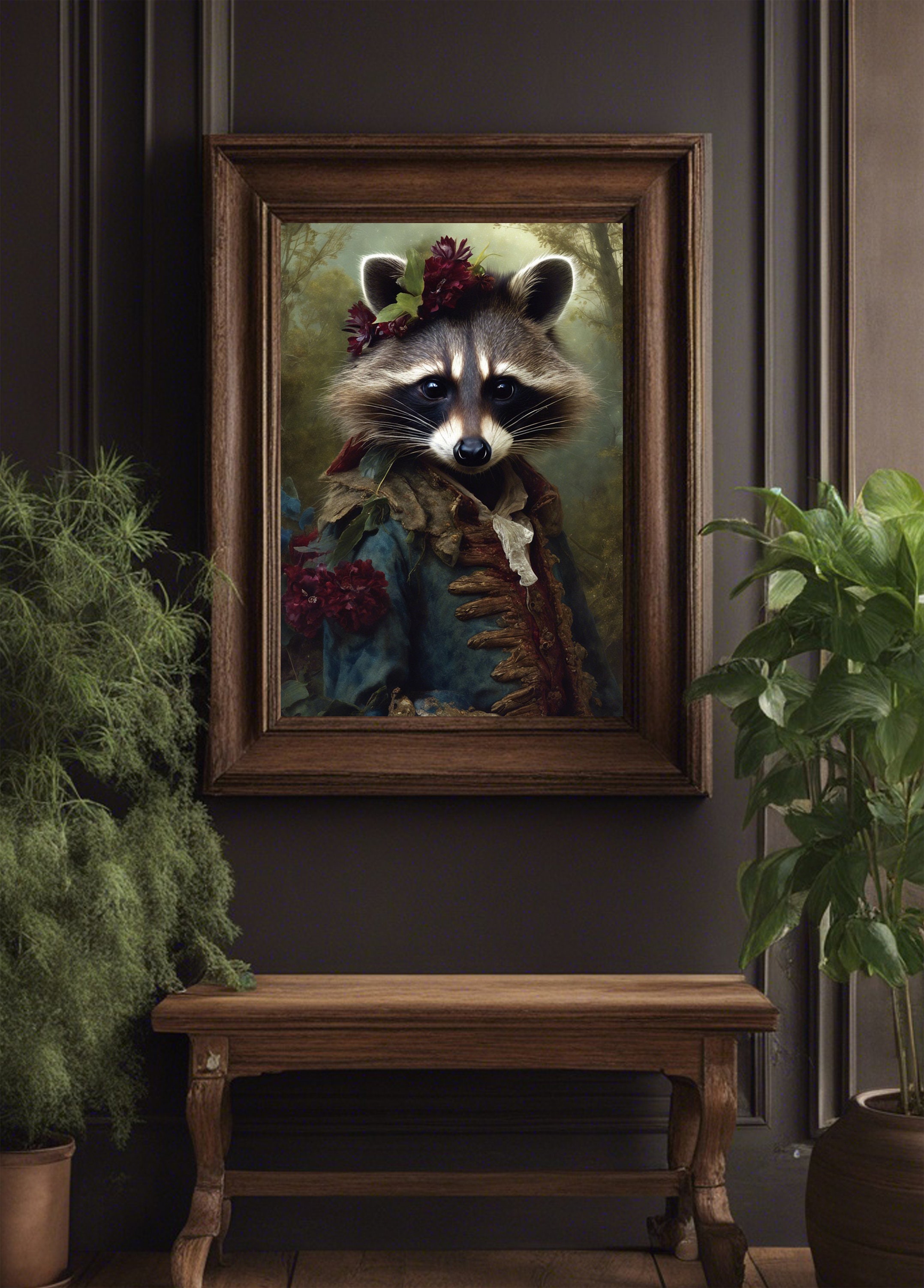 Victorian Raccoon Dark Academia Decor, Moody Floral Wall Art, Oil ...