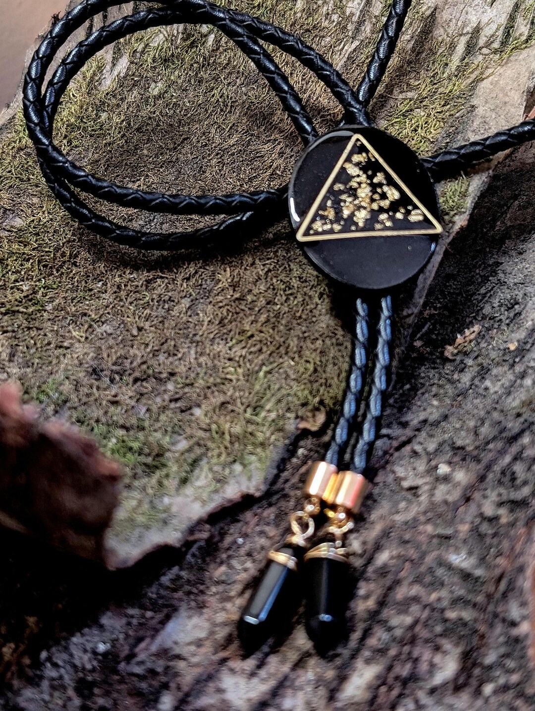 Gold Triangle BOLO TIE - Onyx Stone Tips - Goth - Wedding Necklace ...