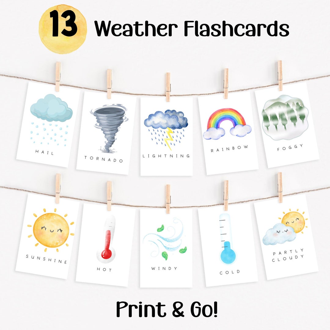 Weather Flashcards, Montessori Educational Watercolour Flash Cards, Pre ...