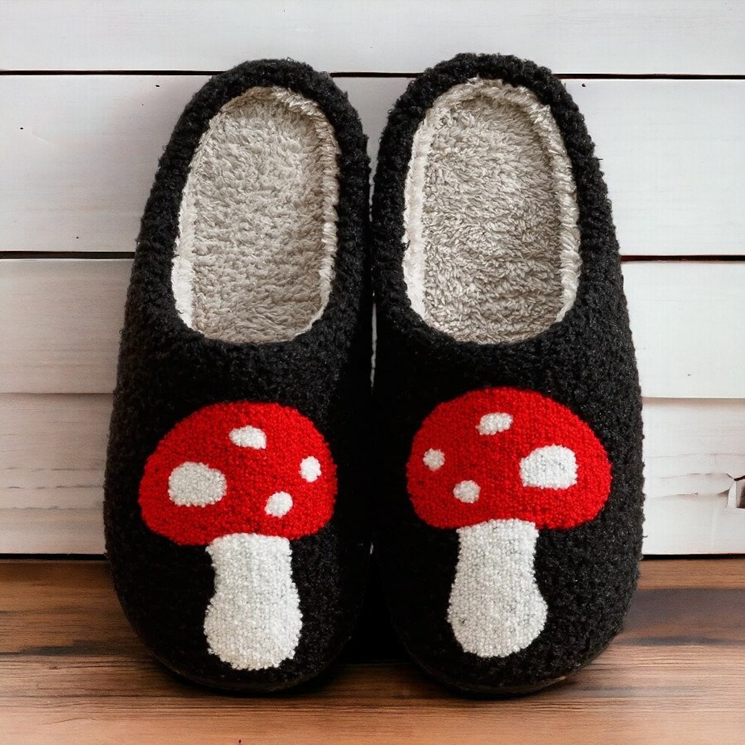 Black Mushroom Winter Women's Slippers, Cozy Embroidered Agaric Design ...