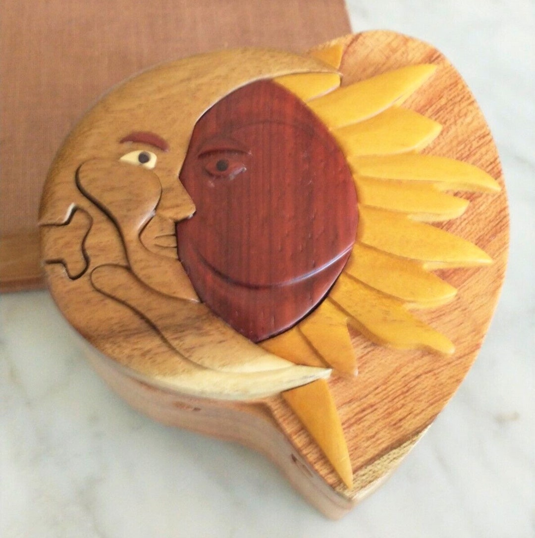 Sun & Moon - All-natural Wood Intarsia Puzzle Box - Handcrafted From ...