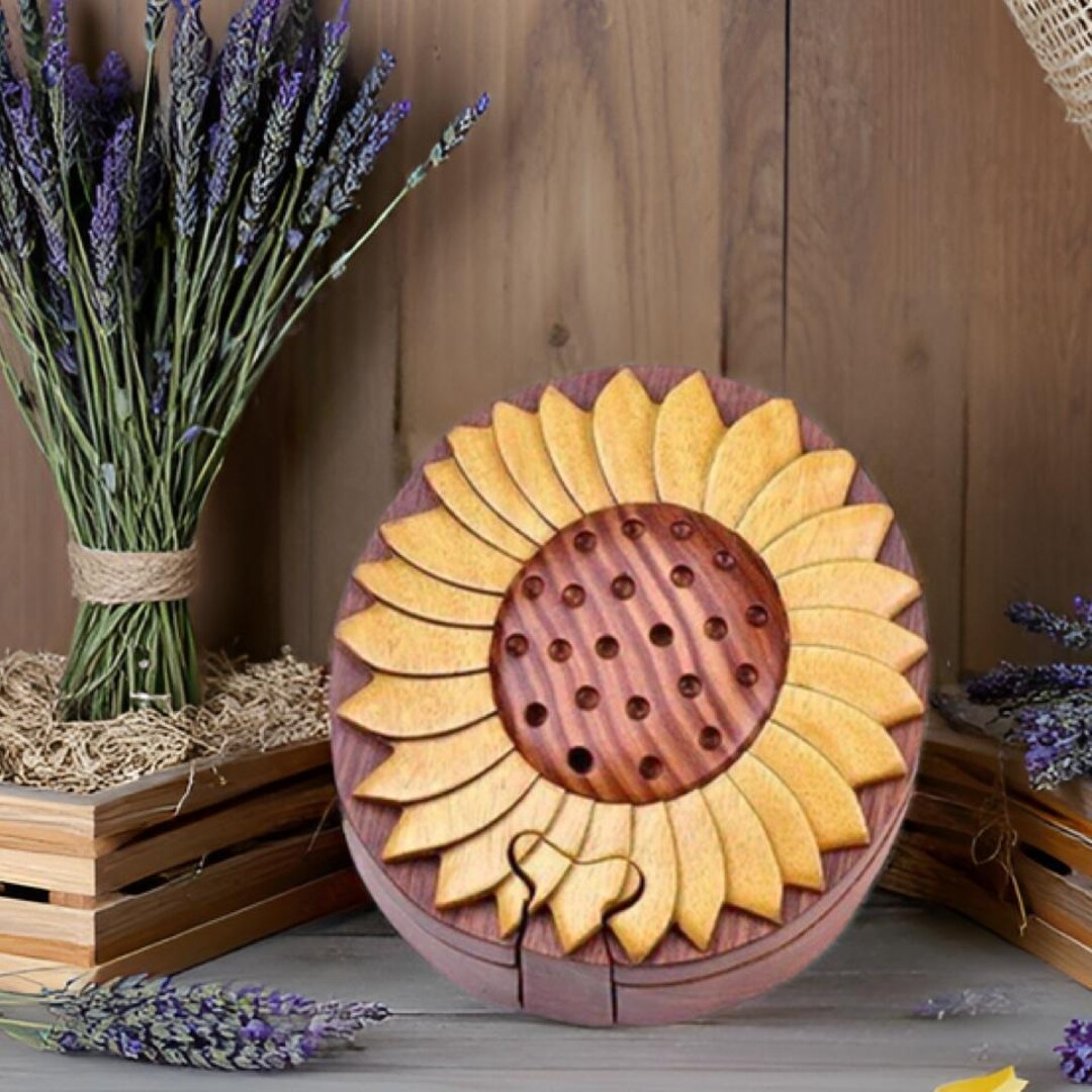 Sun Flower Handcrafted Wooden Trinket Puzzle Box, All Natural Intarsia ...