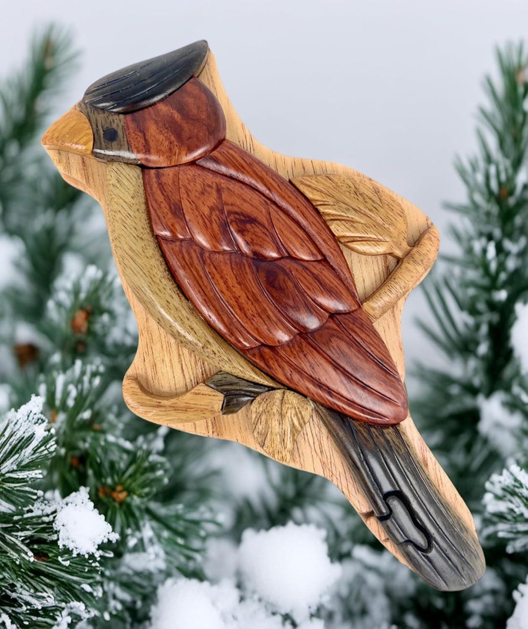 Cardinal Bird - Wood Intarsia Puzzle Box - Handcrafted All Natural Wood ...