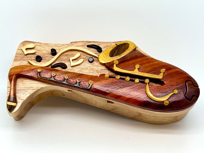 Saxophone With Musical Notes - Handcrafted Exotic Wood Puzzle Box - All ...