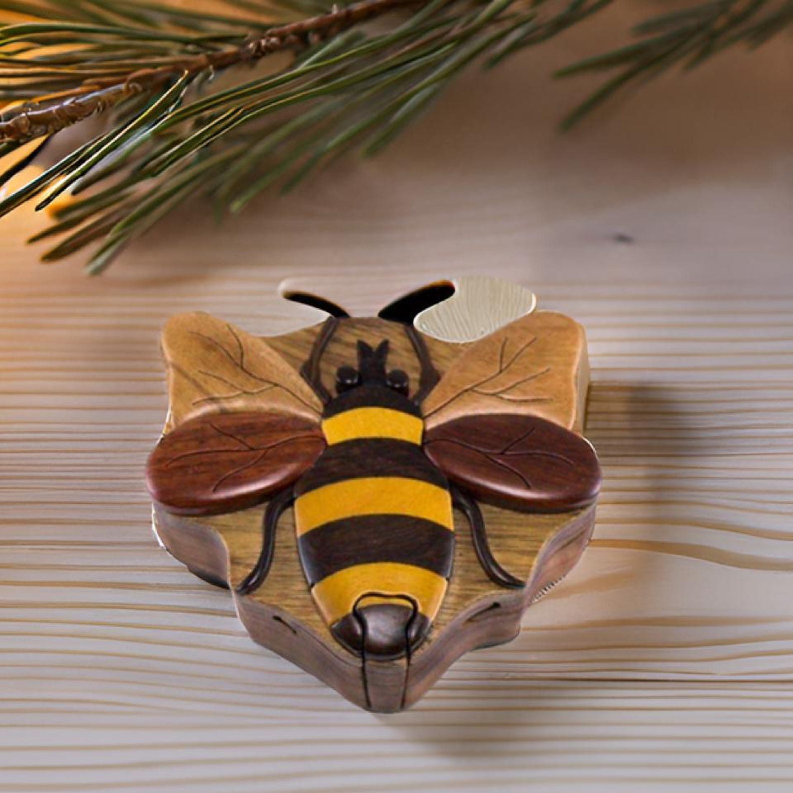 Bee - Wood Intarsia Puzzle Box - Handcrafted From Natural Exotic Woods ...