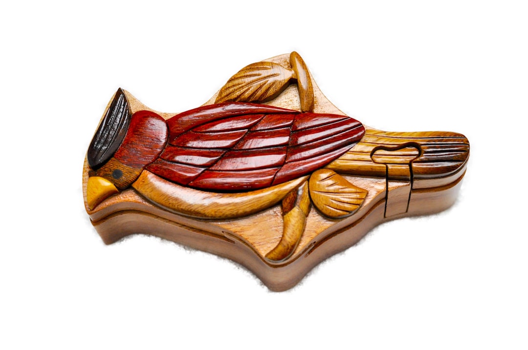 Cardinal Bird Wood Intarsia Puzzle Box Handcrafted All Natural Wood Art ...