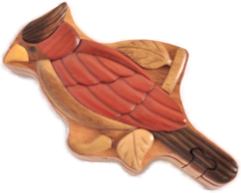 Cardinal Bird - Wood Intarsia Puzzle Box - Handcrafted All Natural Wood ...