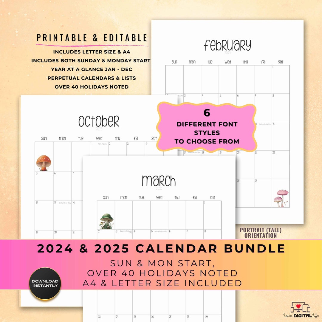 2024 2025 Calendar Bundle A4+US Letter Size - Printable & Editable ...