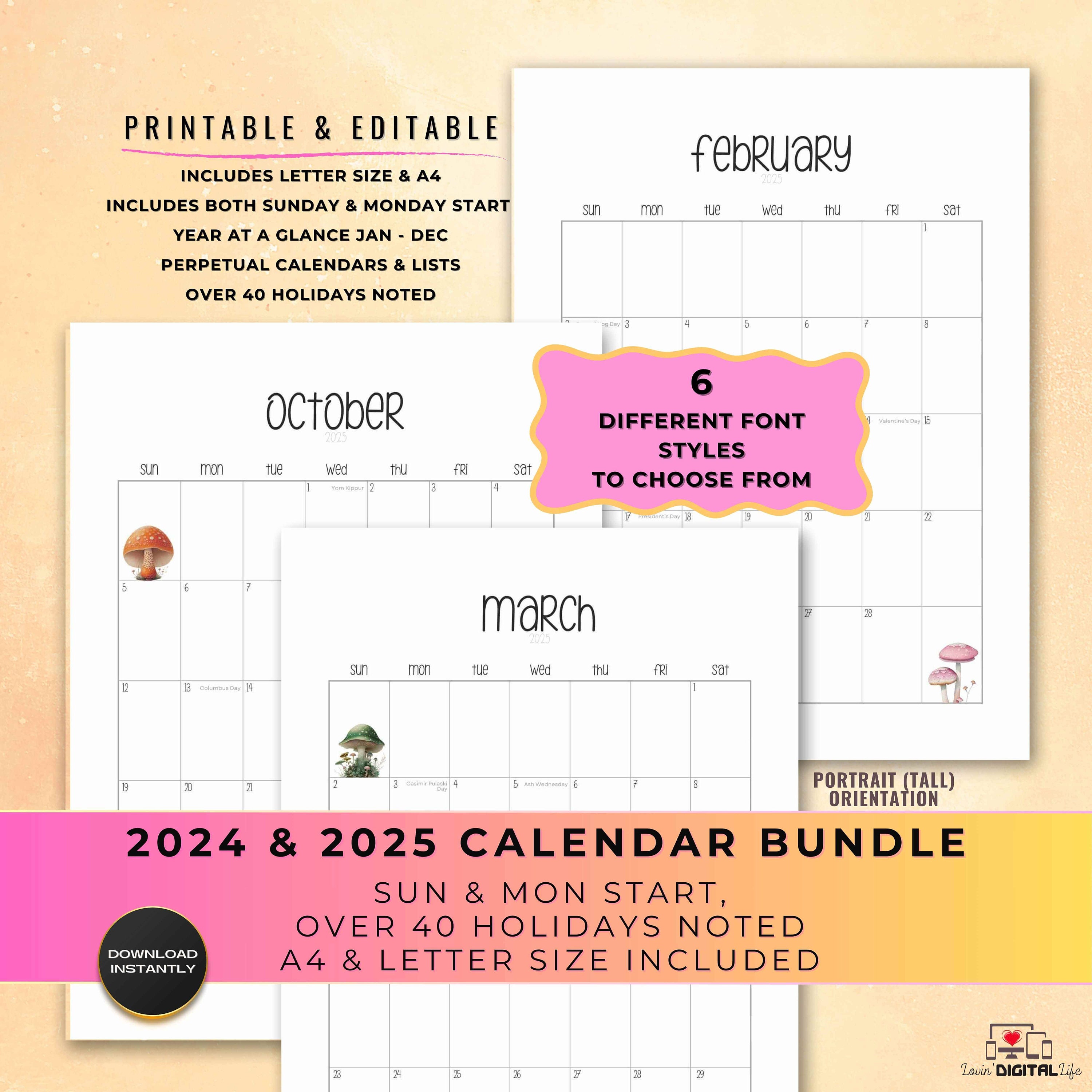2024 2025 Calendar Bundle A4+US Letter Size - Printable & Editable ...