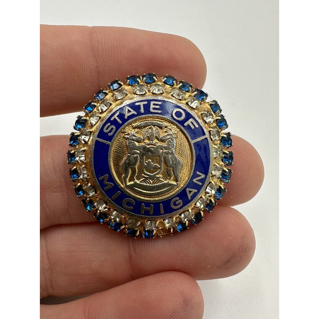 Vintage State of Michigan Blue Rhinestone Gold Enamel Cinerama Pin ...