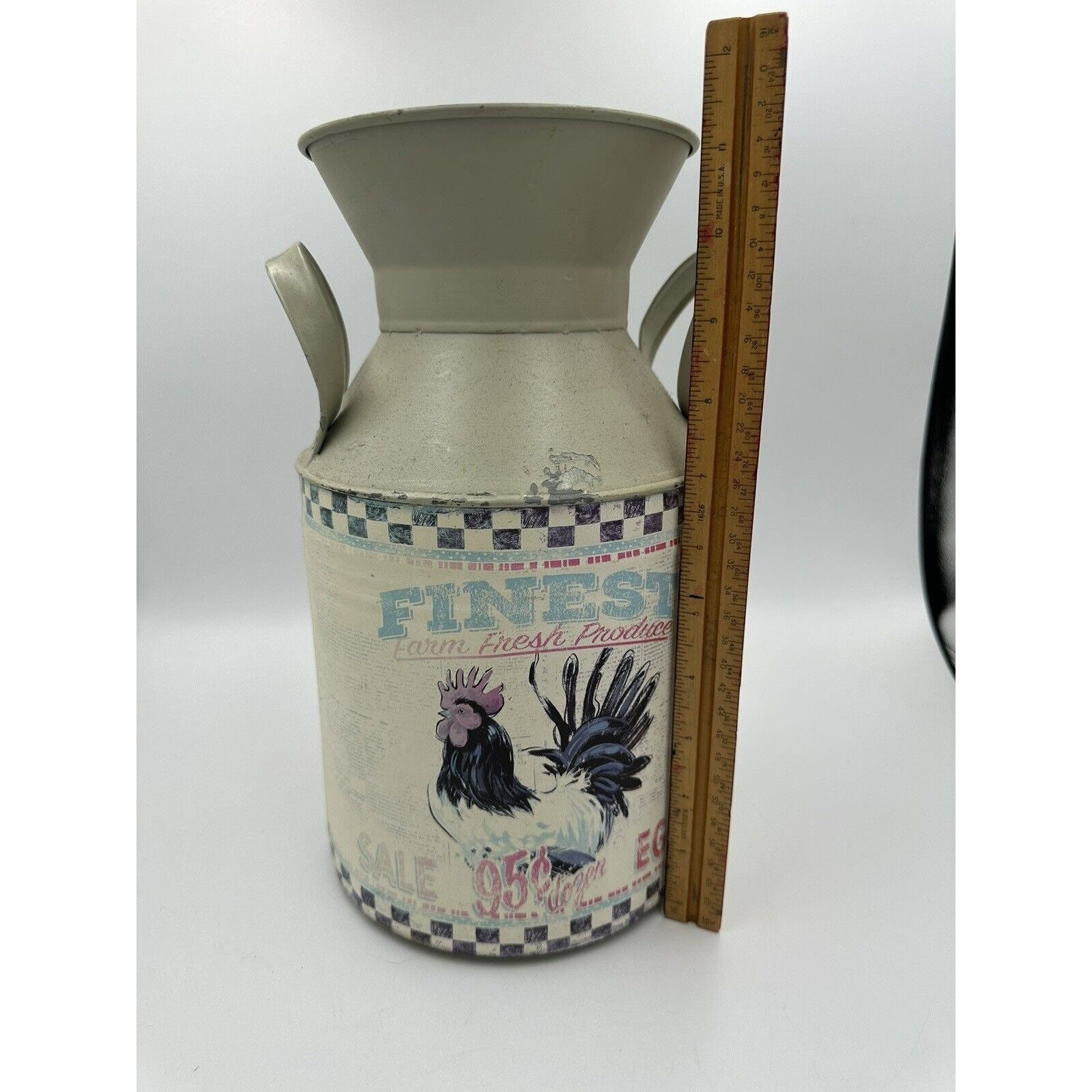 VTG Rooster Farm Fresh Produce Metal Milk Jug Dairy Vintage Advertising ...