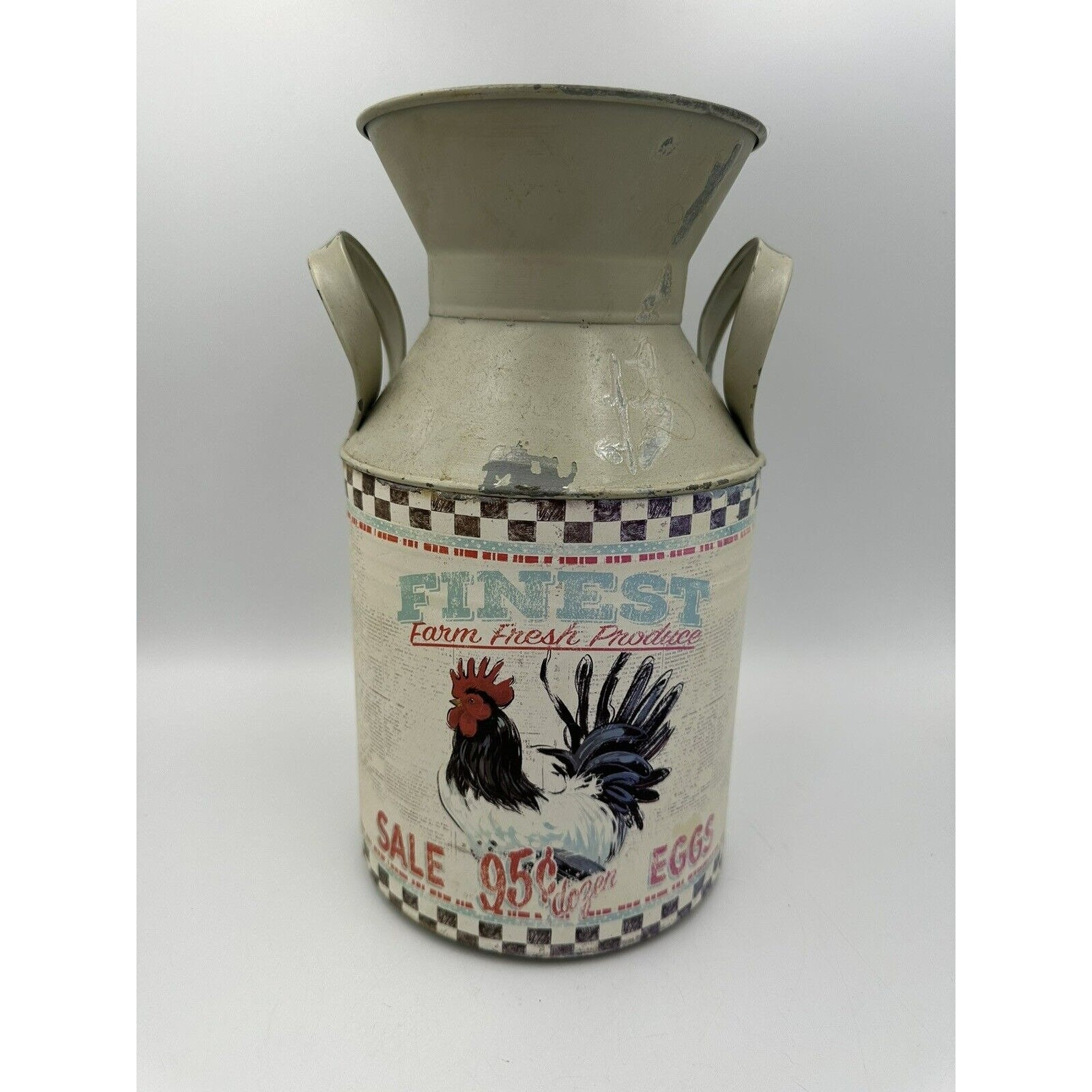 VTG Rooster Farm Fresh Produce Metal Milk Jug Dairy Vintage Advertising ...