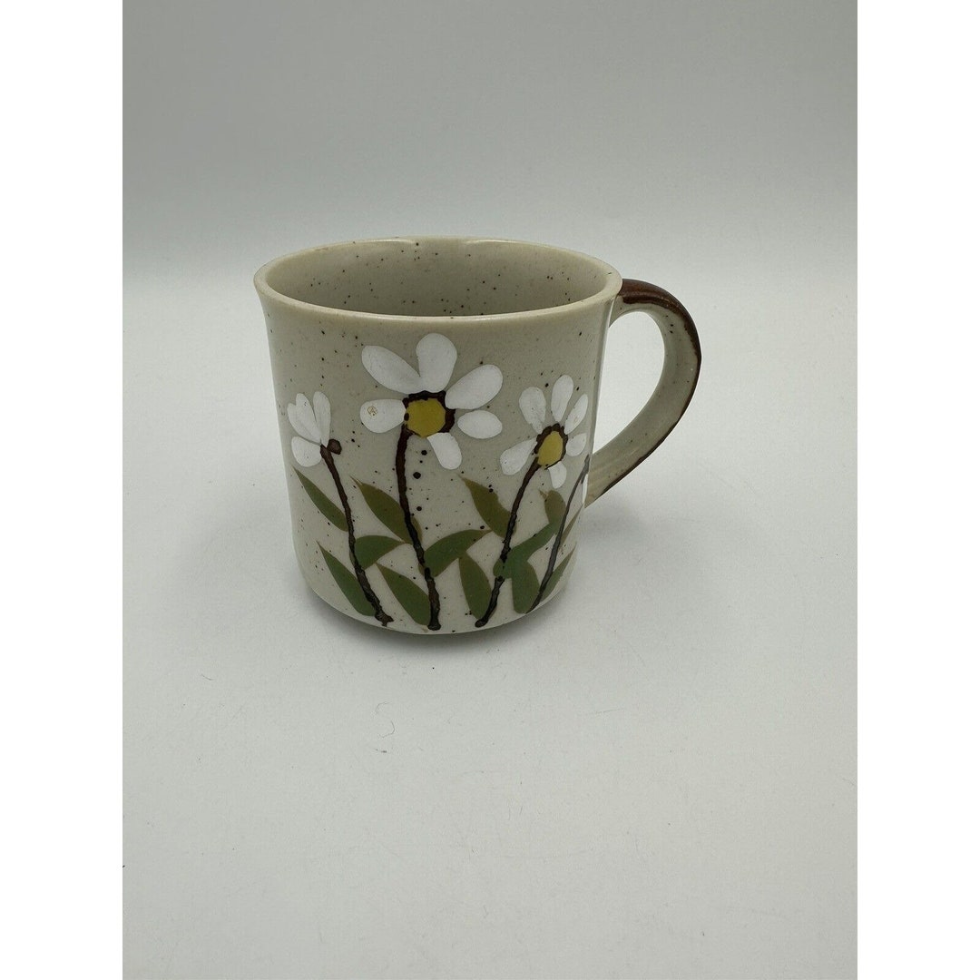 Vintage Hand Painted Floral Ceramic Coffee Mug Cup Beige White Green ...