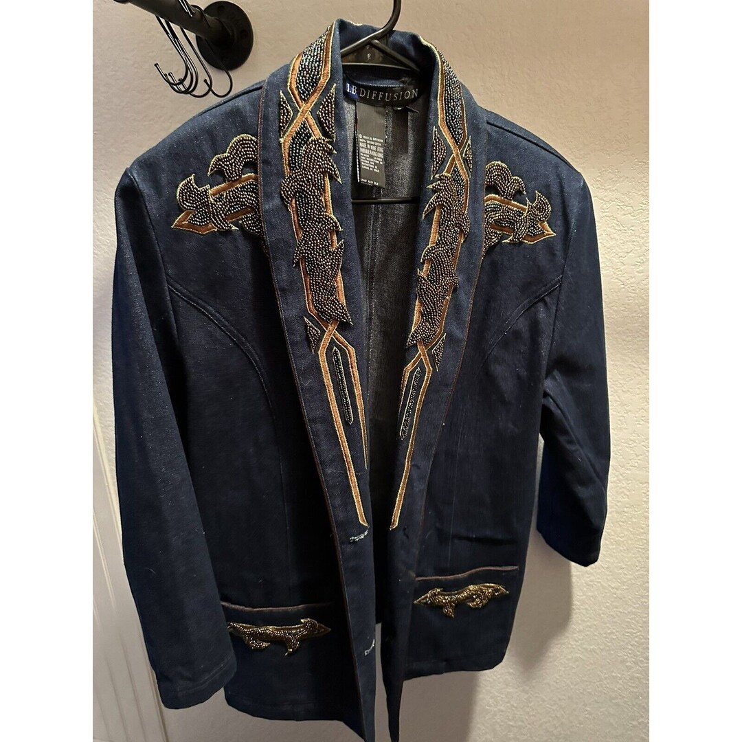 VTG 90’s I.B Diffusion Womens Aztec Jean Jacket Size 6 Denim Blazer ...