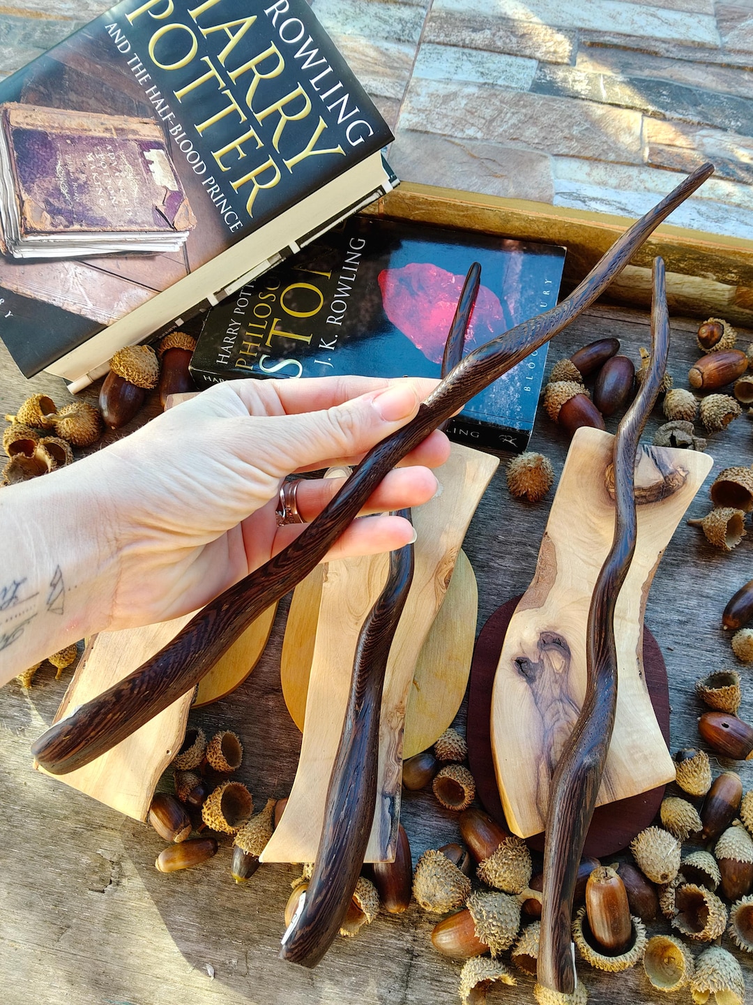 Magic Wand on Wooden Stand - Handmade Wooden Wand - Fantasy Ritual Wand ...