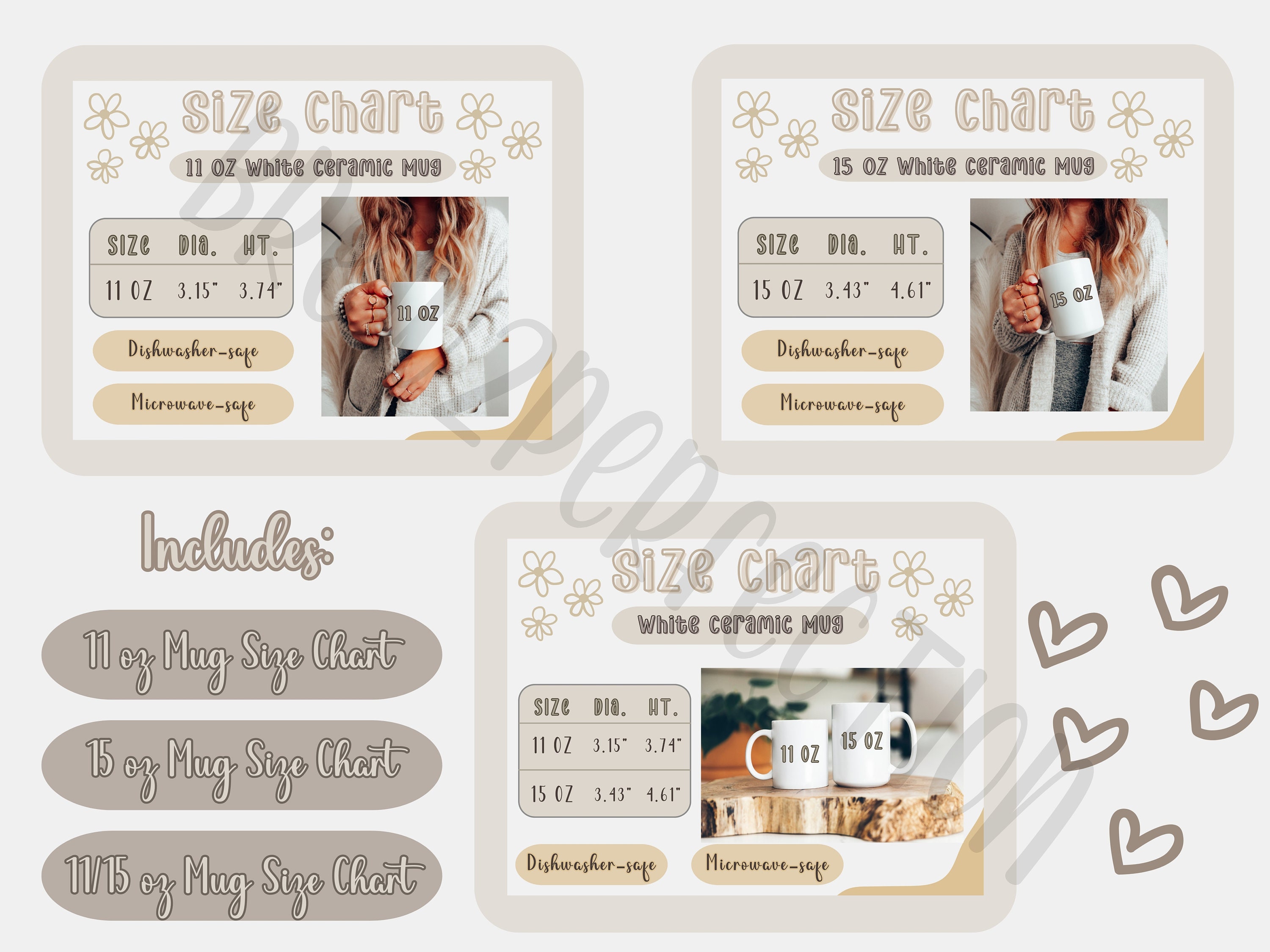 Mug Size Chart Bundle, White Ceramic Mug Size Guide, 11 Oz Mug Size ...