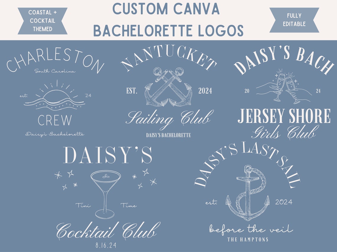 5 Editable Coastal and Cocktail Themed Bachelorette Party Logos ...