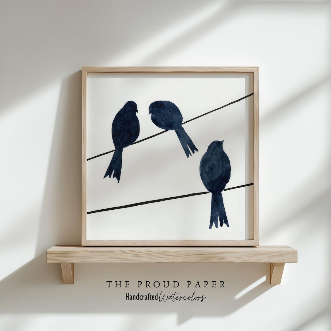 Minimalist Blue Birds on Wire Print, Bird Silhouettes Neutral Wall Art ...