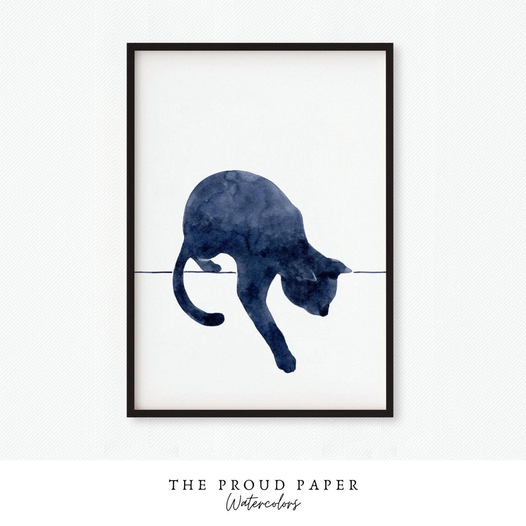 Navy Blue Cat Silhouette Wall Art Print, Modern Minimalist Animal ...