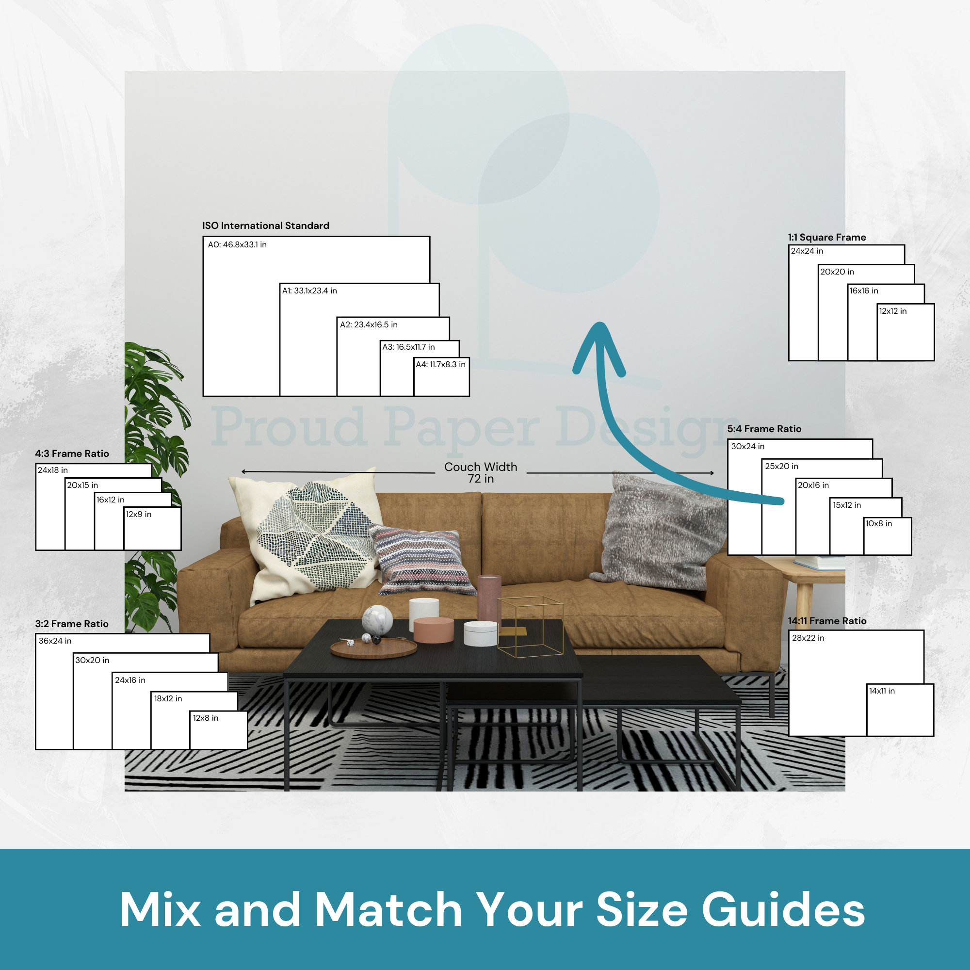 Editable Wallart Size Guide Inches, Living Room Wall Decor Size Chart ...