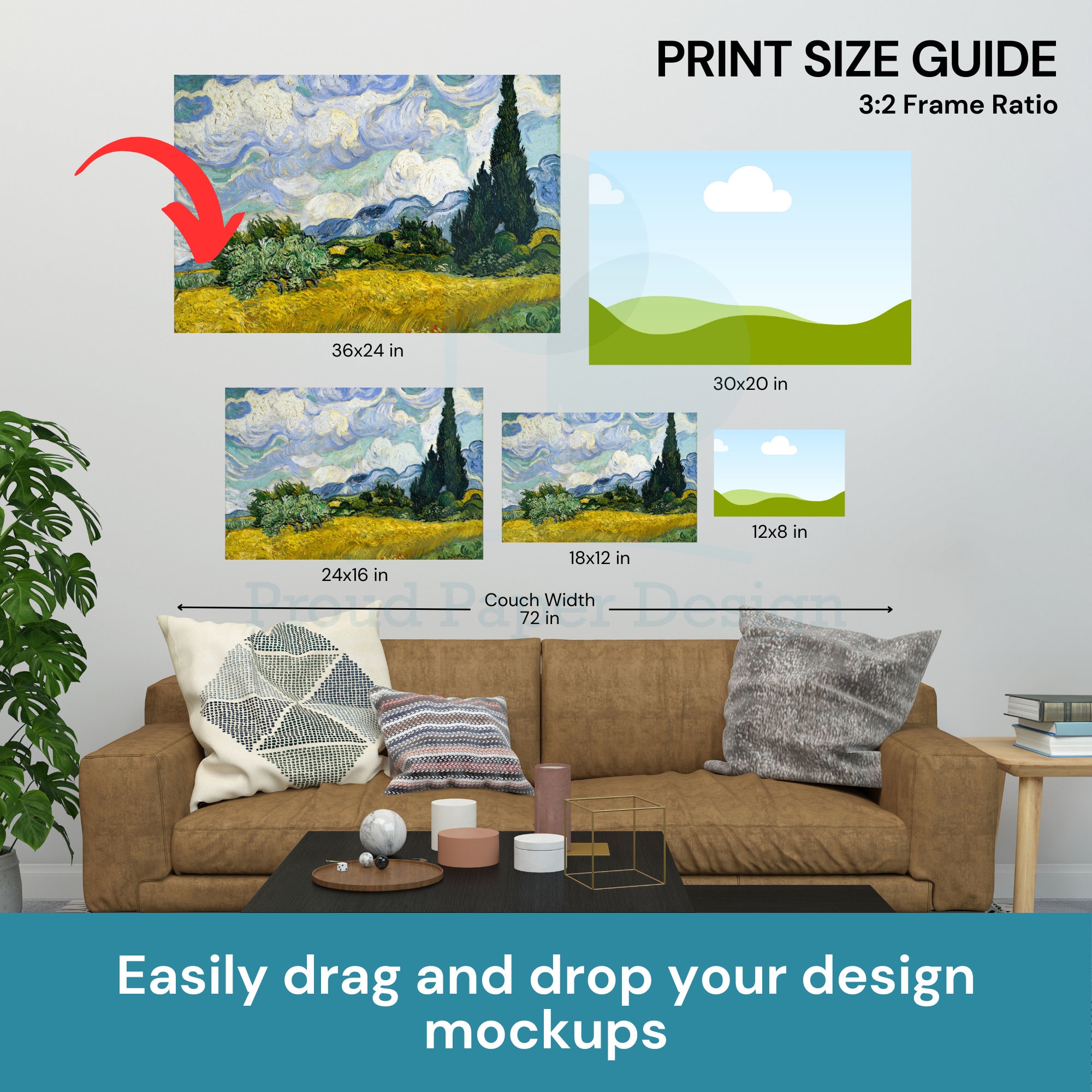 Editable Wallart Size Guide Horizontal, Living Room Wall Decor Size ...