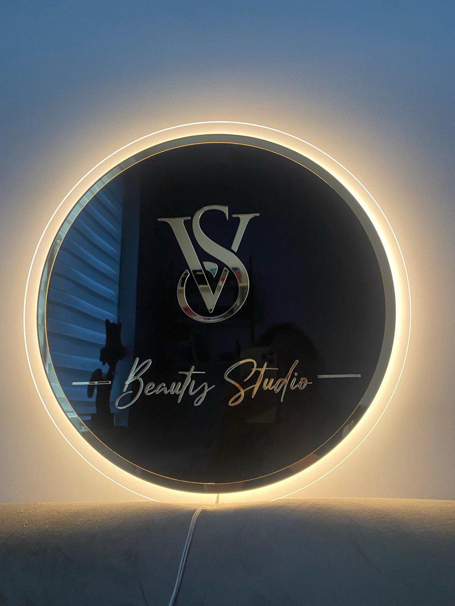 Custom Black & Gold Round Logo Sign With Backlit, Personalized Decor ...