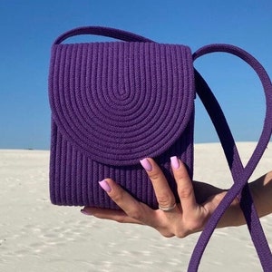 Сумка через плечо ручной работы Фиолетовая хлопковая веревочная сумка ...