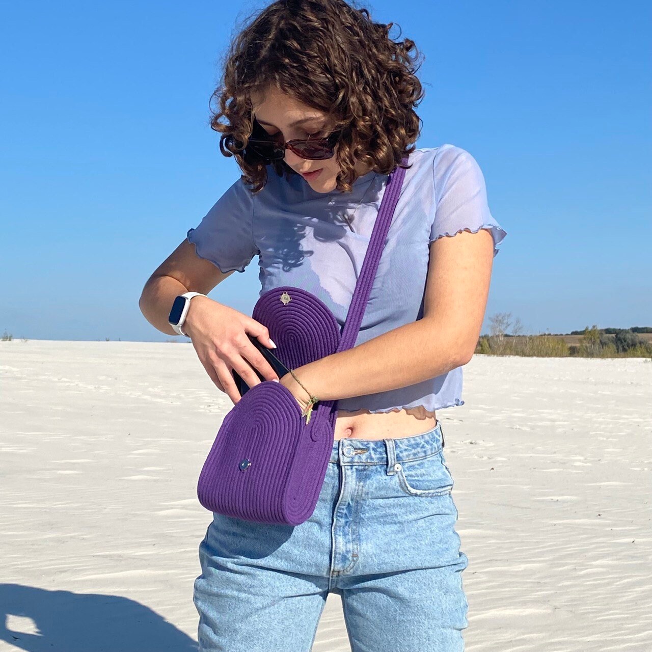 Сумка через плечо ручной работы Фиолетовая хлопковая веревочная сумка ...