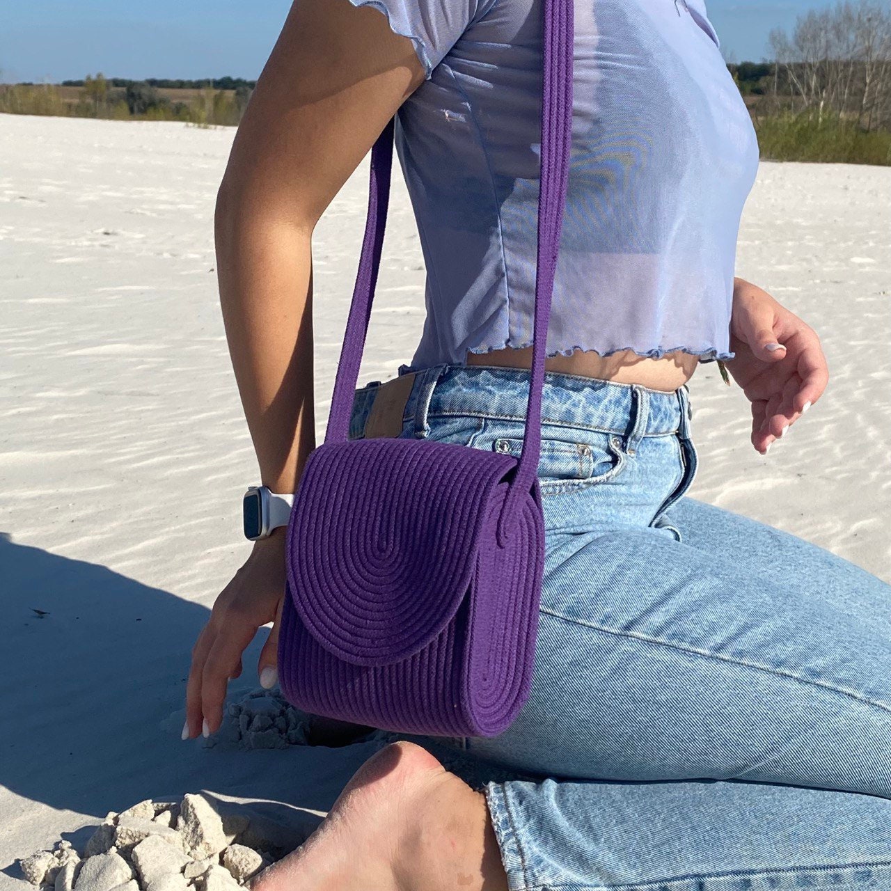 Сумка через плечо ручной работы Фиолетовая хлопковая веревочная сумка ...