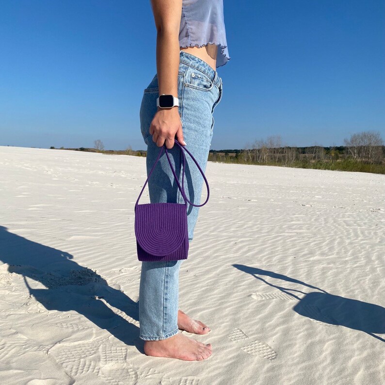 Сумка через плечо ручной работы Фиолетовая хлопковая веревочная сумка ...