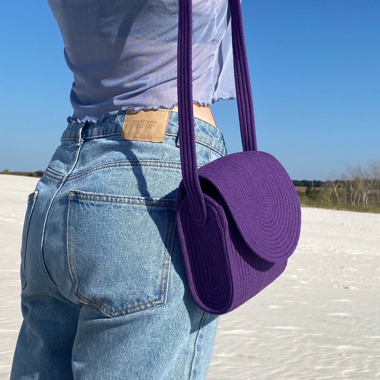 Сумка через плечо ручной работы Фиолетовая хлопковая веревочная сумка ...