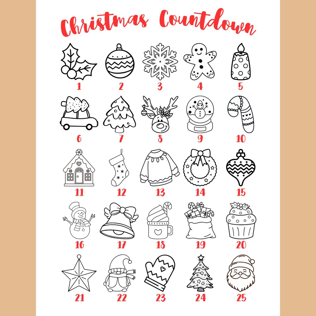 Printable Christmas Countdown Coloring Calendar, 25 Days of Festive Fun ...