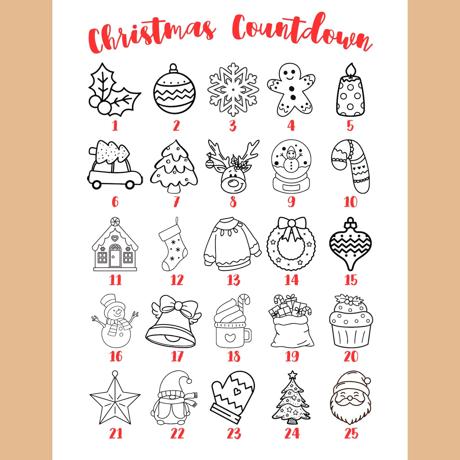 Printable Christmas Countdown Coloring Calendar, 25 Days of Festive Fun ...