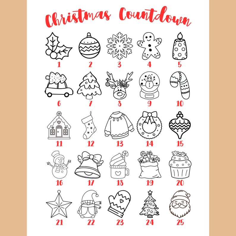 Printable Christmas Countdown Coloring Calendar, 25 Days of Festive Fun ...