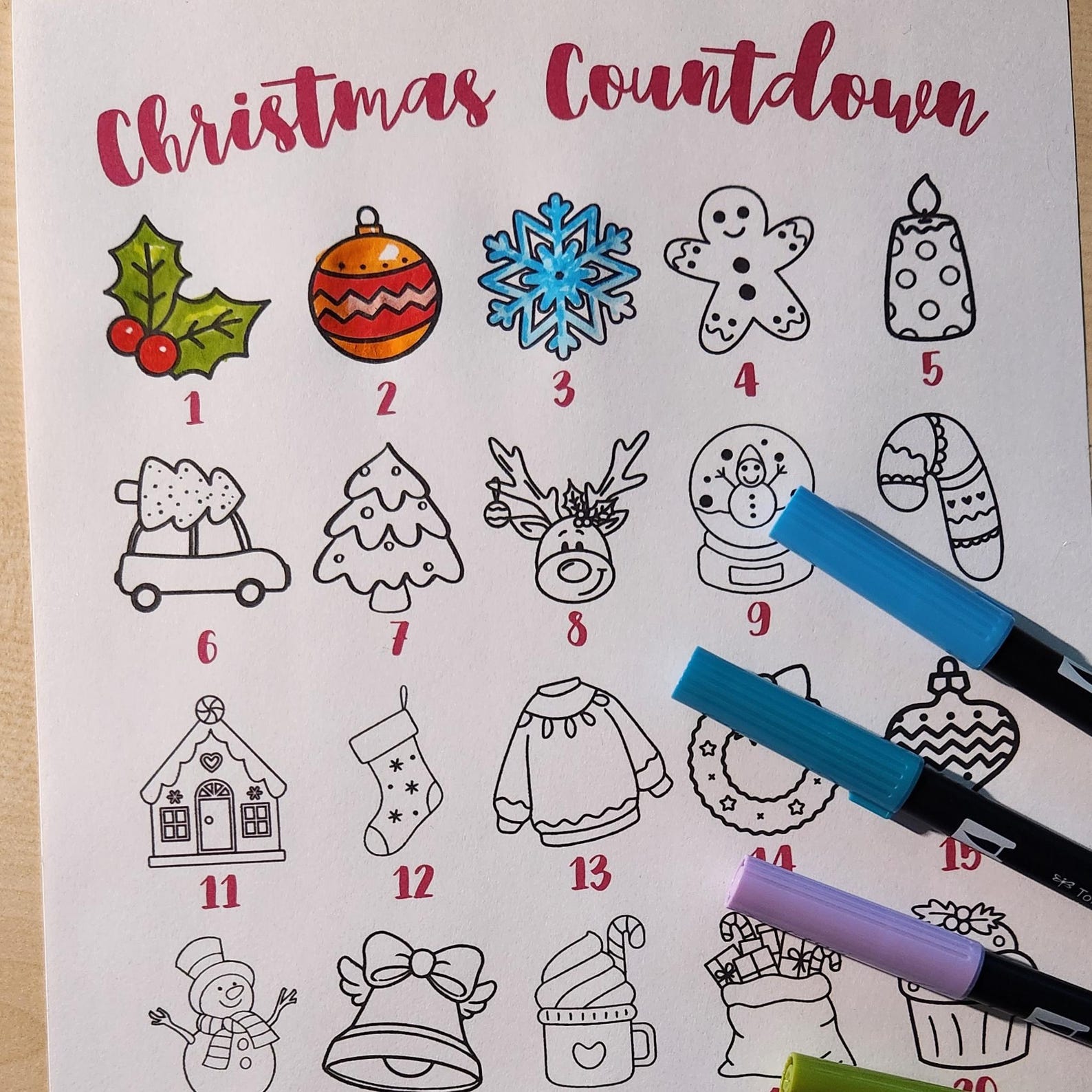 Printable Christmas Countdown Coloring Calendar, 25 Days of Festive Fun ...