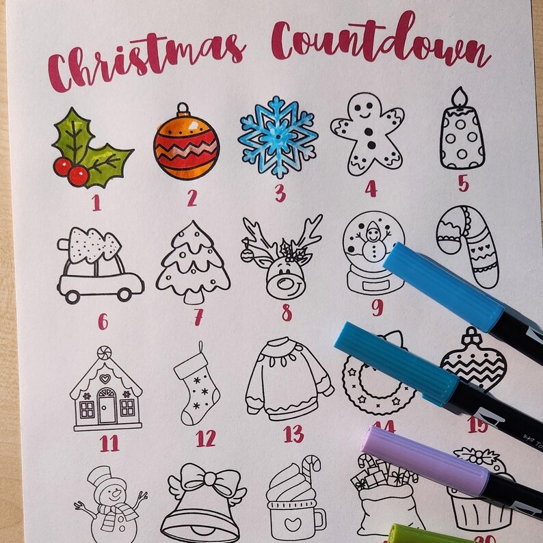 Printable Christmas Countdown Coloring Calendar, 25 Days of Festive Fun ...