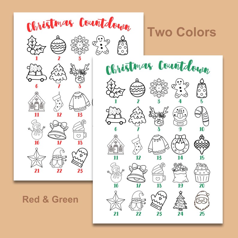 Printable Christmas Countdown Coloring Calendar, 25 Days of Festive Fun ...