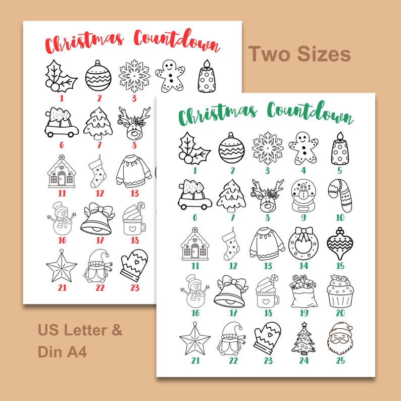 Printable Christmas Countdown Coloring Calendar, 25 Days of Festive Fun ...