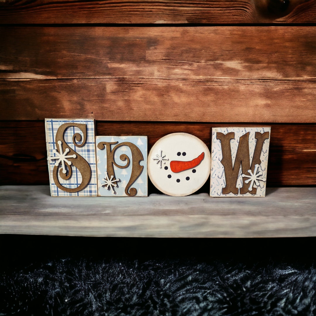 Snowman Snow Wood Word Blocks - Festive Shelf Sitter for Holiday Decor ...