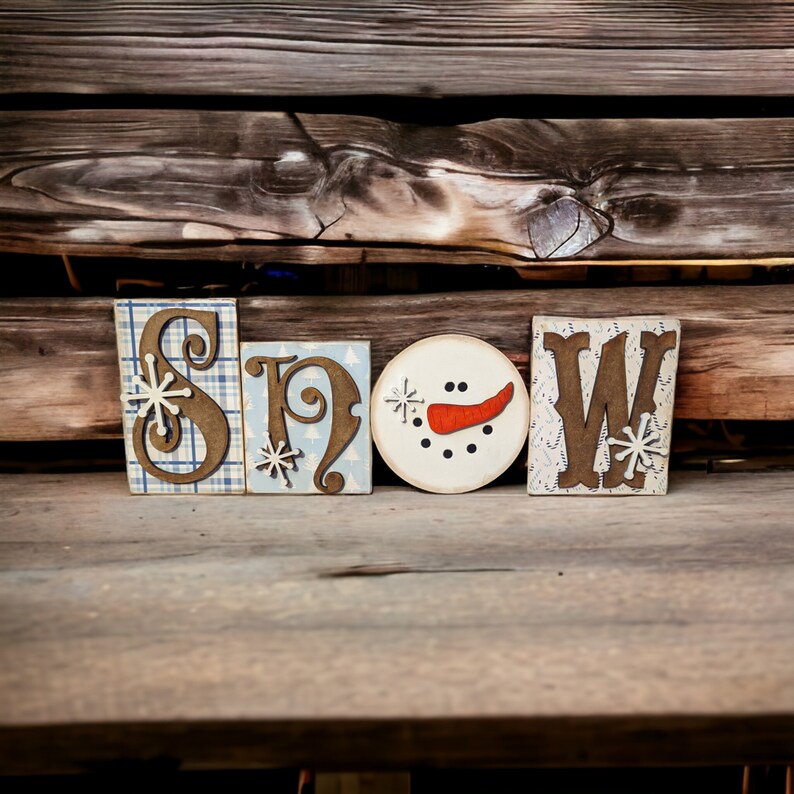 Snowman Snow Wood Word Blocks - Festive Shelf Sitter for Holiday Decor ...