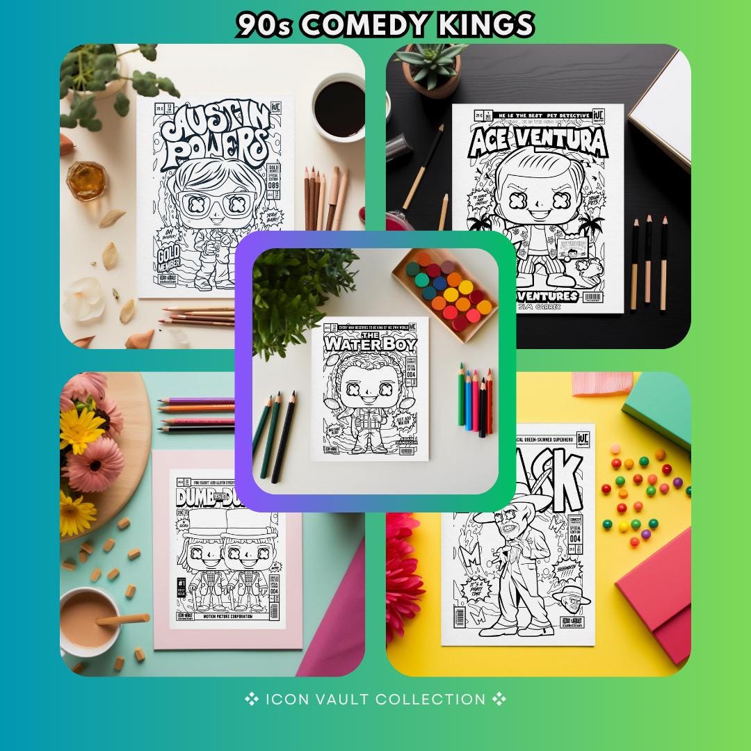 90s Movie Coloring Pages, 5 Pack Comedy Bundle, Jim Carrey, Austin ...